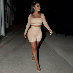 New Women Sexy Two Piece fitness Sets Open Back Fashion Long Sleeve Top Elastic and high Waist Shorts Basic gym Tracksuit