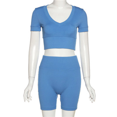 2022 summer women new sexy sport running fitness set slim short sleeve top high waist shorts yoga suit wholesale