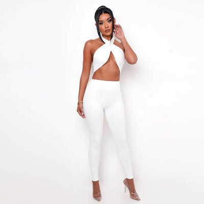 female summer sexy backless sportswear hanging neck solid color gym wear high waist one-piece yoga set tight casual jumpsuits