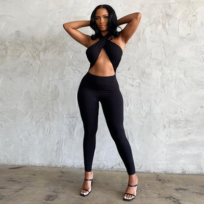 female summer sexy backless sportswear hanging neck solid color gym wear high waist one-piece yoga set tight casual jumpsuits