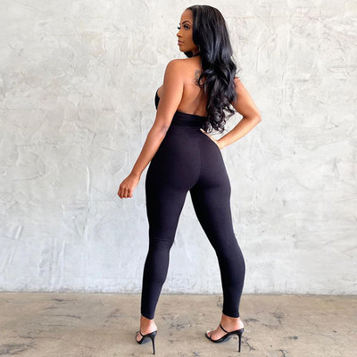 female summer sexy backless sportswear hanging neck solid color gym wear high waist one-piece yoga set tight casual jumpsuits