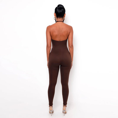 female summer sexy backless sportswear hanging neck solid color gym wear high waist one-piece yoga set tight casual jumpsuits