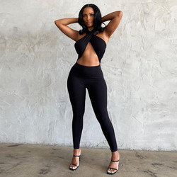 female summer sexy backless sportswear hanging neck solid color gym wear high waist one-piece yoga set tight casual jumpsuits