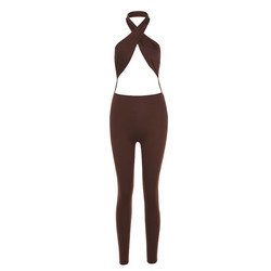 female summer sexy backless sportswear hanging neck solid color gym wear high waist one-piece yoga set tight casual jumpsuits