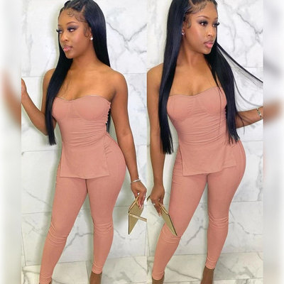 2021 Fall Women Casual Sleeveless Strapless Workout Fitness clothes ladies solid color Bodycon two pieces sportswear long Romper