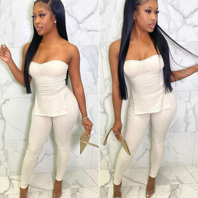 2021 Fall Women Casual Sleeveless Strapless Workout Fitness clothes ladies solid color Bodycon two pieces sportswear long Romper