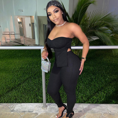 2021 Fall Women Casual Sleeveless Strapless Workout Fitness clothes ladies solid color Bodycon two pieces sportswear long Romper