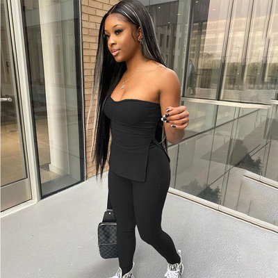 2021 Fall Women Casual Sleeveless Strapless Workout Fitness clothes ladies solid color Bodycon two pieces sportswear long Romper