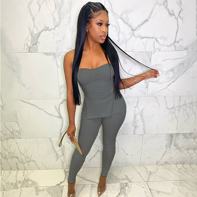 2021 Fall Women Casual Sleeveless Strapless Workout Fitness clothes ladies solid color Bodycon two pieces sportswear long Romper