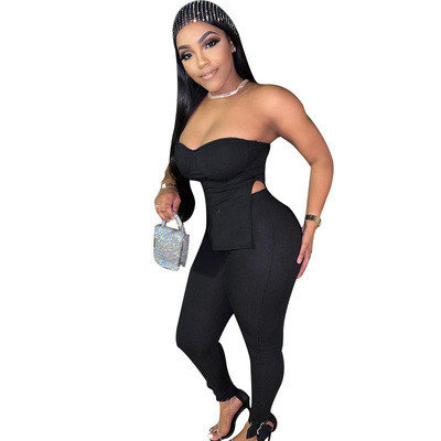 2021 Fall Women Casual Sleeveless Strapless Workout Fitness clothes ladies solid color Bodycon two pieces sportswear long Romper