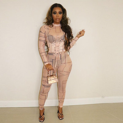 women new sexy net gauze perspective one-piece yoga set digital print gym wear tighten waist binding jumpsuits