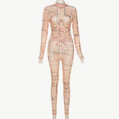 women new sexy net gauze perspective one-piece yoga set digital print gym wear tighten waist binding jumpsuits