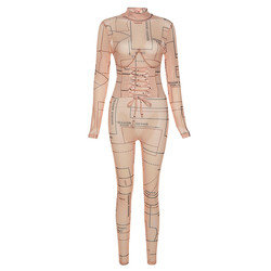 women new sexy net gauze perspective one-piece yoga set digital print gym wear tighten waist binding jumpsuits