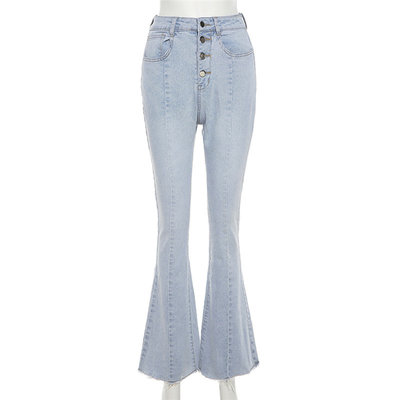 women new high waist pants street style bell-bottomed trousers single breasted wide leg ladies jeans pants