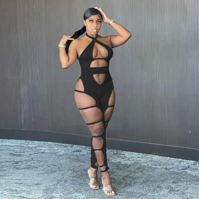 women sexy hollow-out sleeveless sportswear tight casual jumpsuits hanging neck gym wear high waist one-piece yoga set