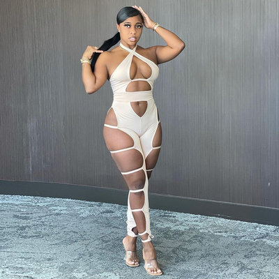 women sexy hollow-out sleeveless sportswear tight casual jumpsuits hanging neck gym wear high waist one-piece yoga set