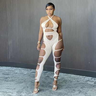 women sexy hollow-out sleeveless sportswear tight casual jumpsuits hanging neck gym wear high waist one-piece yoga set