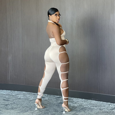 women sexy hollow-out sleeveless sportswear tight casual jumpsuits hanging neck gym wear high waist one-piece yoga set