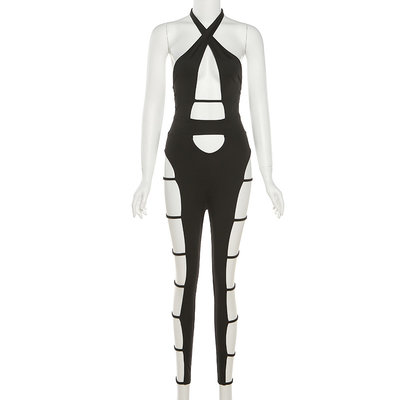women sexy hollow-out sleeveless sportswear tight casual jumpsuits hanging neck gym wear high waist one-piece yoga set