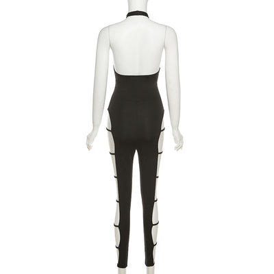 women sexy hollow-out sleeveless sportswear tight casual jumpsuits hanging neck gym wear high waist one-piece yoga set