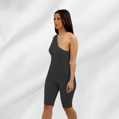 female new sexy backless sportswear high waist tight short jumpsuits solid color one shoulder casual gym wear