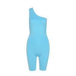 female new sexy backless sportswear high waist tight short jumpsuits solid color one shoulder casual gym wear