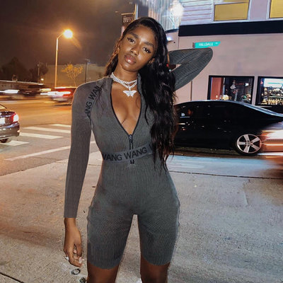 2020 New design long sleeve front Zipper jumpsuit fitness clothes Printed fashion letter autumn Women one piece sportswear