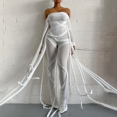 2021 Women Sexy see-through gauze Mesh Jumpsuits Tight Long Sleeve Pants Off shoulder skinny Rompers