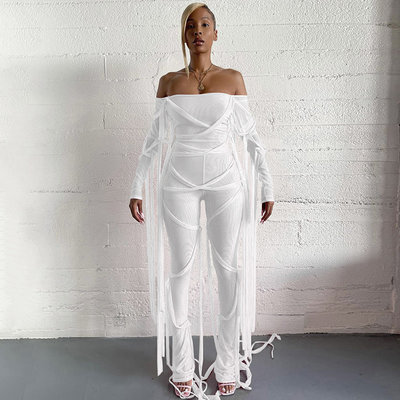 2021 Women Sexy see-through gauze Mesh Jumpsuits Tight Long Sleeve Pants Off shoulder skinny Rompers