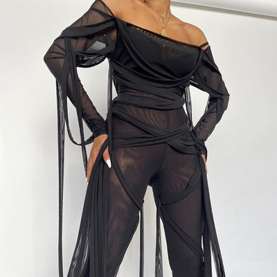 2021 Women Sexy see-through gauze Mesh Jumpsuits Tight Long Sleeve Pants Off shoulder skinny Rompers