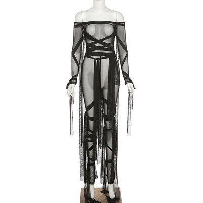 2021 Women Sexy see-through gauze Mesh Jumpsuits Tight Long Sleeve Pants Off shoulder skinny Rompers