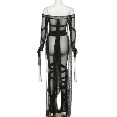2021 Women Sexy see-through gauze Mesh Jumpsuits Tight Long Sleeve Pants Off shoulder skinny Rompers