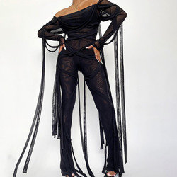 2021 Women Sexy see-through gauze Mesh Jumpsuits Tight Long Sleeve Pants Off shoulder skinny Rompers