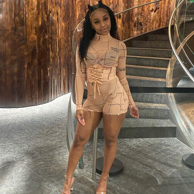2020 women long sleeve Sexy high neck lace up short yoga pants women jumpsuit printed one piece sports set