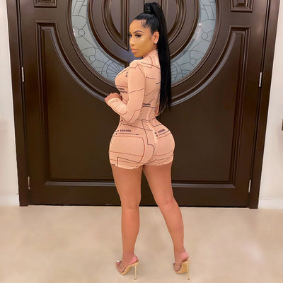 2020 women long sleeve Sexy high neck lace up short yoga pants women jumpsuit printed one piece sports set
