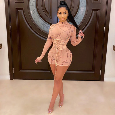 2020 women long sleeve Sexy high neck lace up short yoga pants women jumpsuit printed one piece sports set