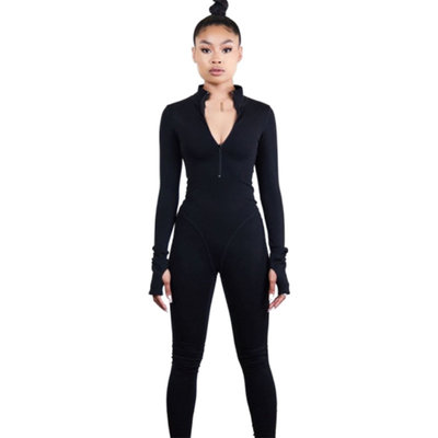 Fitness Active Wear Rompers front Zipper deep V Neck Sexy Fashion Long Sleeve Workout Sports set Women Jumpsuit