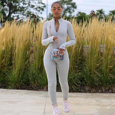 Fitness Active Wear Rompers front Zipper deep V Neck Sexy Fashion Long Sleeve Workout Sports set Women Jumpsuit