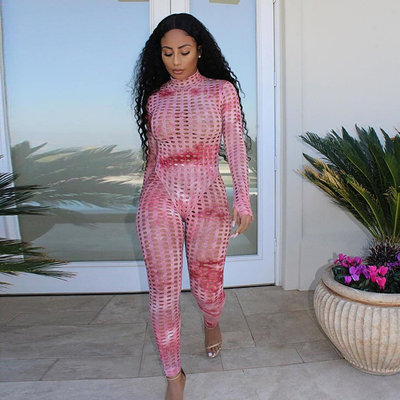 Women hot selling fashion sexy mesh jumpsuit long sleeve women hollowed out sportswear