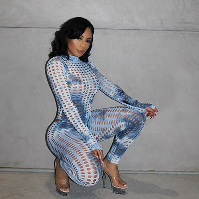 Women hot selling fashion sexy mesh jumpsuit long sleeve women hollowed out sportswear