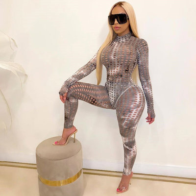 Women hot selling fashion sexy mesh jumpsuit long sleeve women hollowed out sportswear