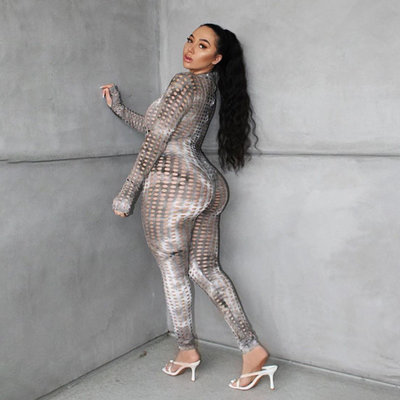 Women hot selling fashion sexy mesh jumpsuit long sleeve women hollowed out sportswear