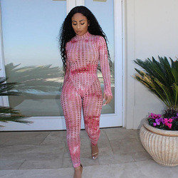 Women hot selling fashion sexy mesh jumpsuit long sleeve women hollowed out sportswear