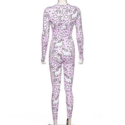 O Neck Women Fashion Jumpsuit Club Sexy long Sleeve cute cartoon Print  Skinny Bodycon Jumpsuit