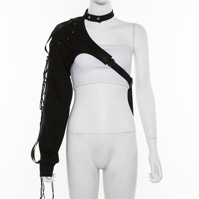 Women Asymmetrical Choker Collar Buckle Off One Shoulder Crop Top Reflective jacket women
