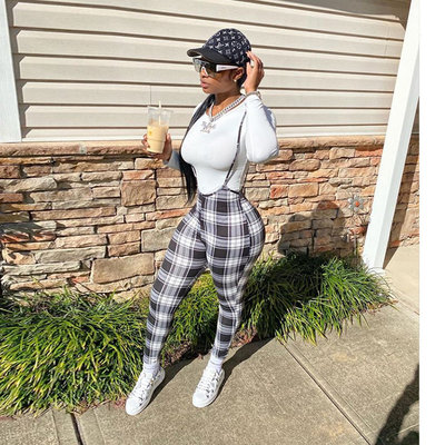 printed grid Knitting Skinny Crop Tops Overalls Suspender Trousers ladies Tracksuit Women fitness Clothing Casual streetwear