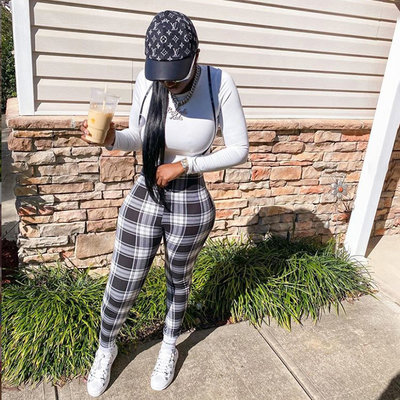 printed grid Knitting Skinny Crop Tops Overalls Suspender Trousers ladies Tracksuit Women fitness Clothing Casual streetwear