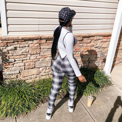 printed grid Knitting Skinny Crop Tops Overalls Suspender Trousers ladies Tracksuit Women fitness Clothing Casual streetwear