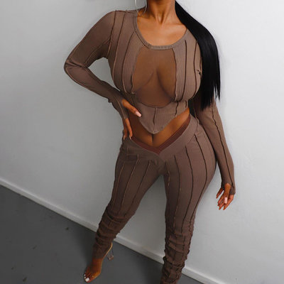 Mesh See Through Sexy two pieces Yoga Wear Women Sport Suit Workout fitness Clothes ladies long sleeve sportswear