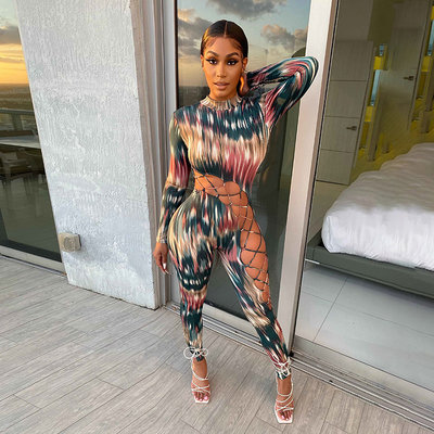 Fashion Sexy 2021 new Print Hollow Out Ladies sportswear Women fitness Clothing One Piece Jumpsuits And Rompers